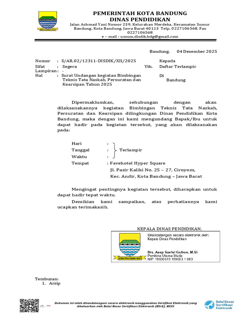 Surat Undangan Kegiatan Bimbingan Teknis Tata Naskah, Persuratan Dan ...