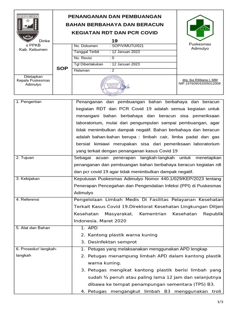 SOP Penanganan Limbah Berbahaya COVID-19 | PDF