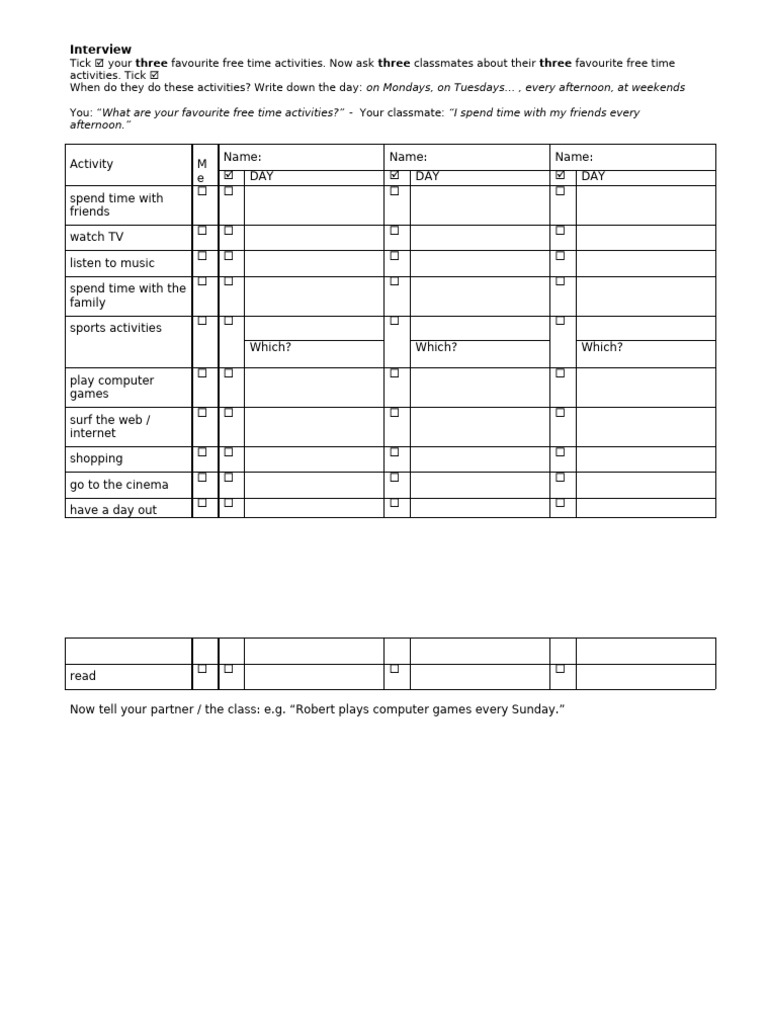 Favorite Free Time Activities Survey | PDF