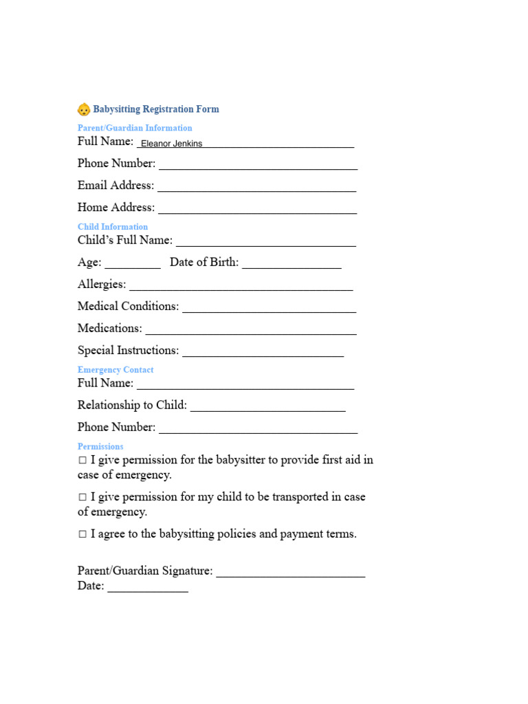 Babysitting Registration Form Template | PDF