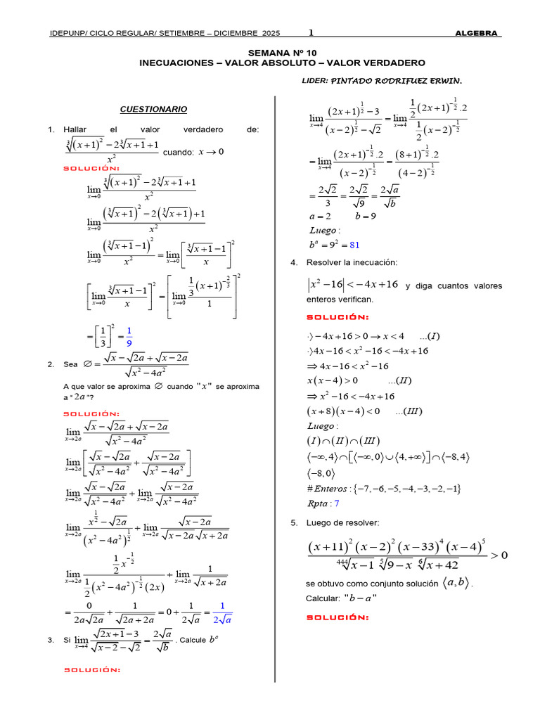 Semana 10 Algebra Regular Setiembre - Diciembre 2025 - Solucion | PDF ...