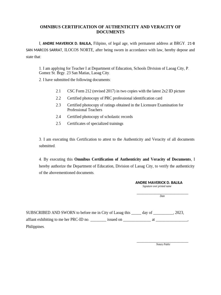 Omnibus Certification of Authenticity and Veracity of Documents | PDF
