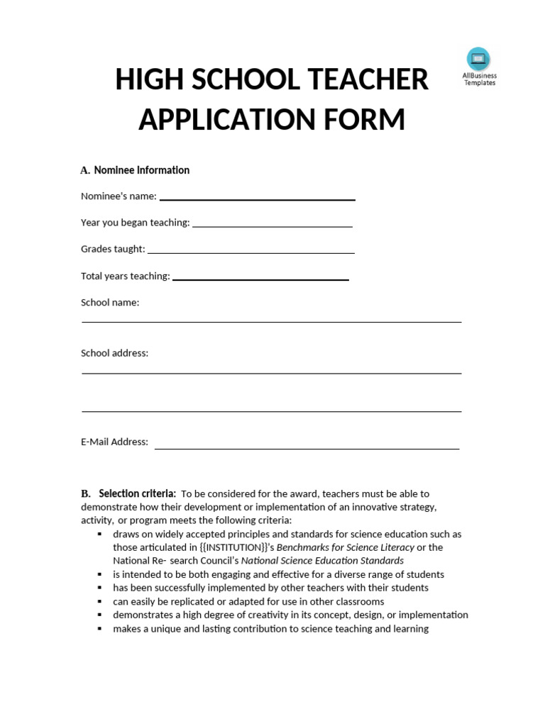 High School Teacher Application Form | PDF | Teachers | Science