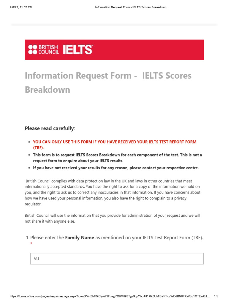 IELTS Scores Breakdown Request Form | PDF | International English ...