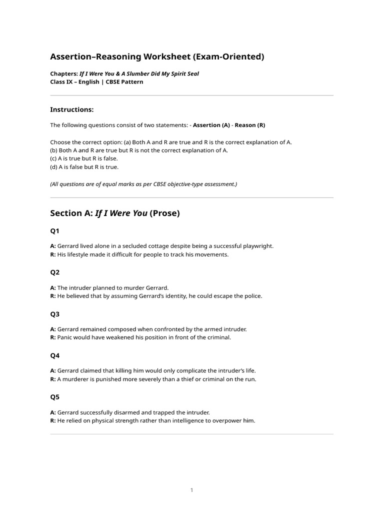 Assertion–Reasoning Worksheet_ if I Were You | PDF