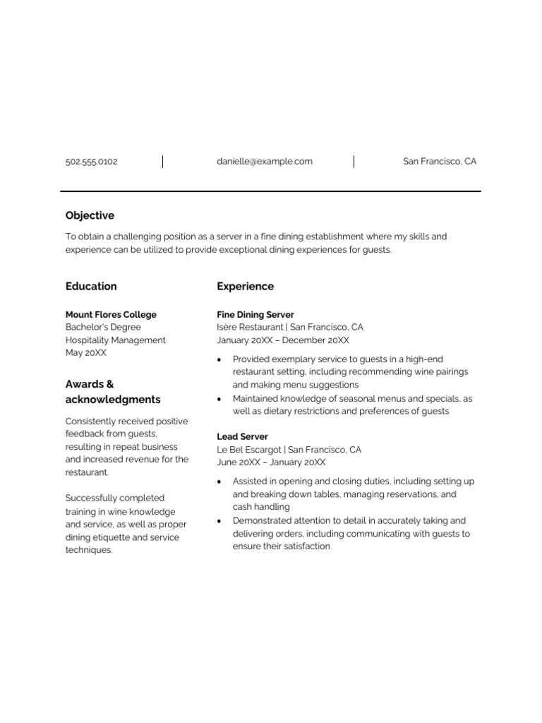 Fine Dining Server Resume Sample | PDF