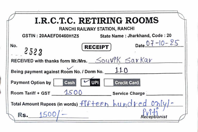 I.R.C.T.C. Ranchi Room Payment Receipt | PDF