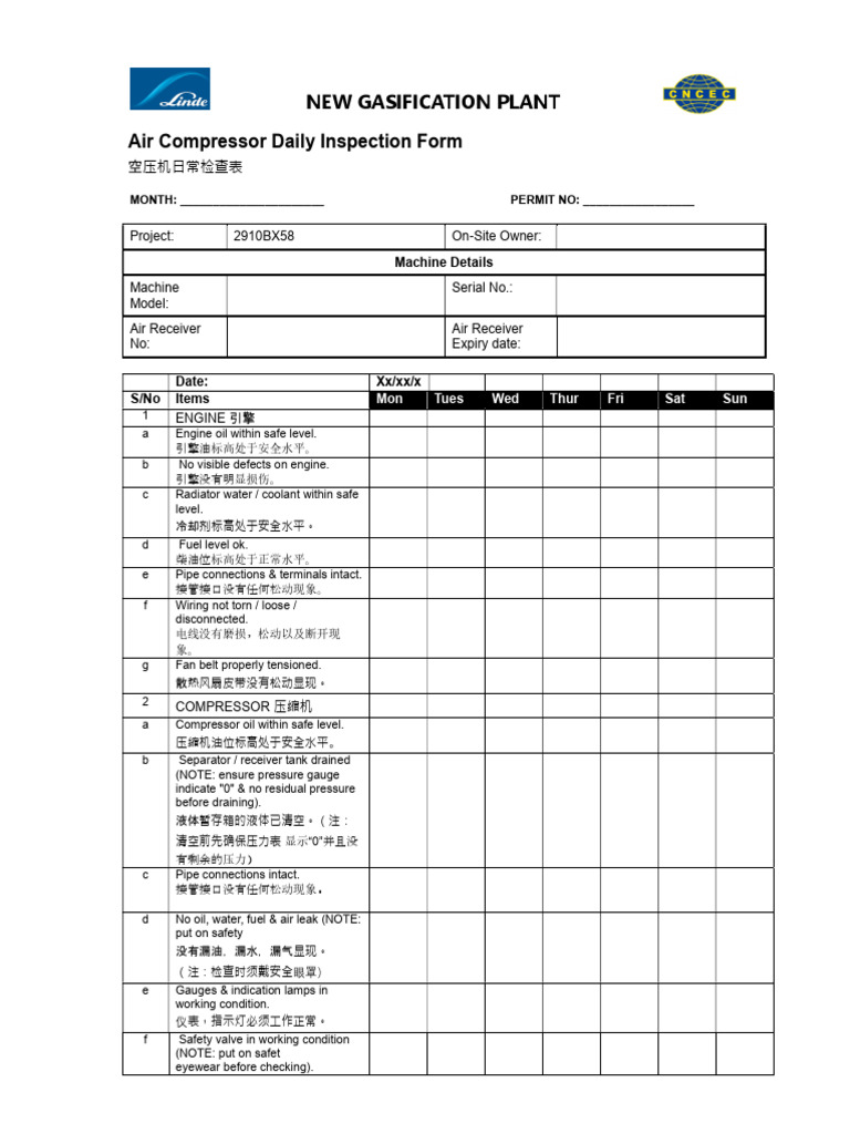 Air Compressor Daily Inspection Checklist | PDF