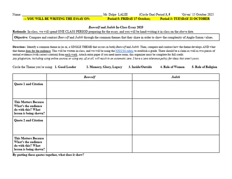 Beowulf and Judith In-Class Essay 2025 | PDF