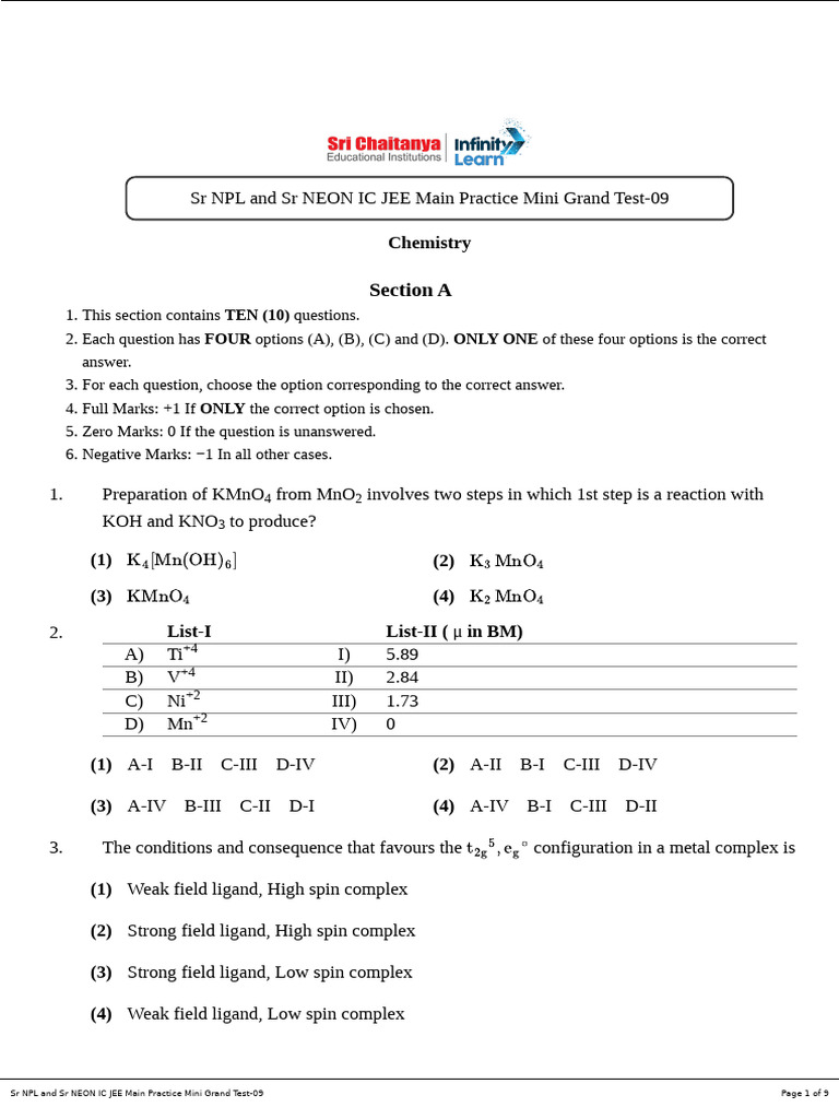 JEE Main Practice Test 09: Chemistry & Math | PDF | Chemical Substances ...