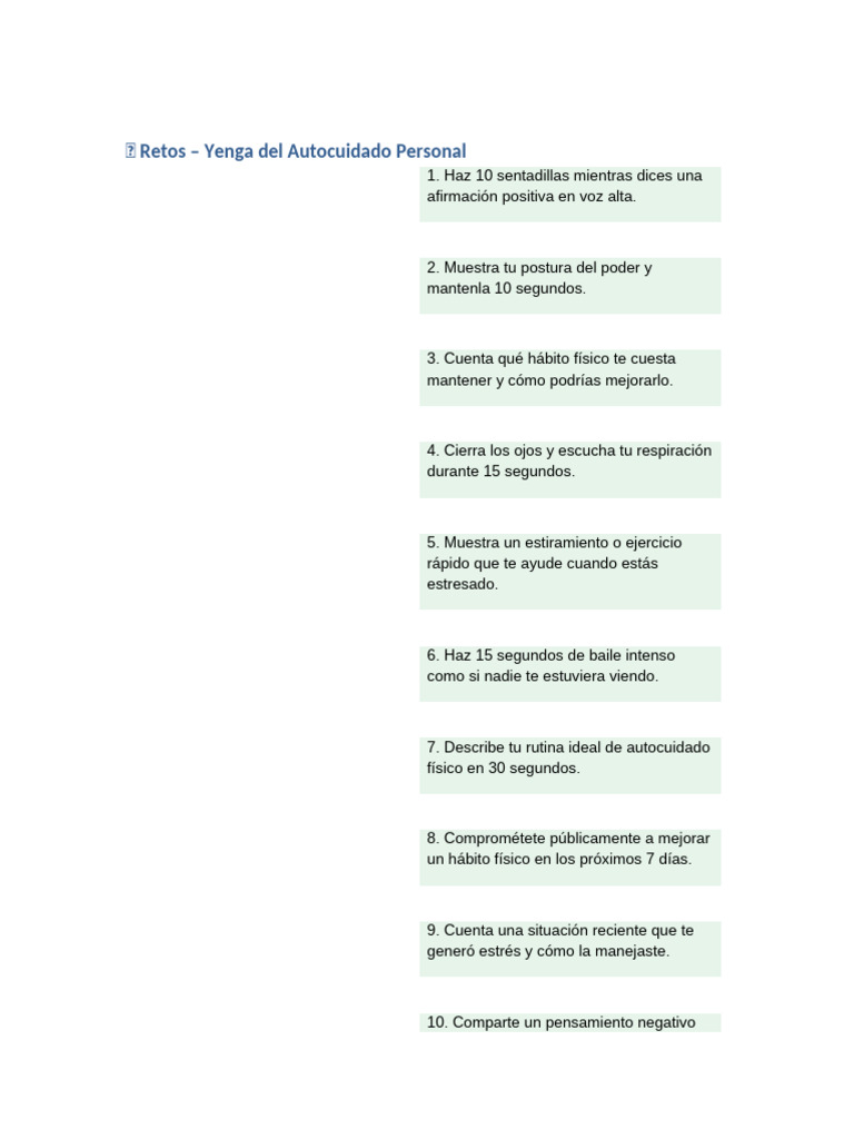 Retos Yenga Autocuidado Personal | PDF