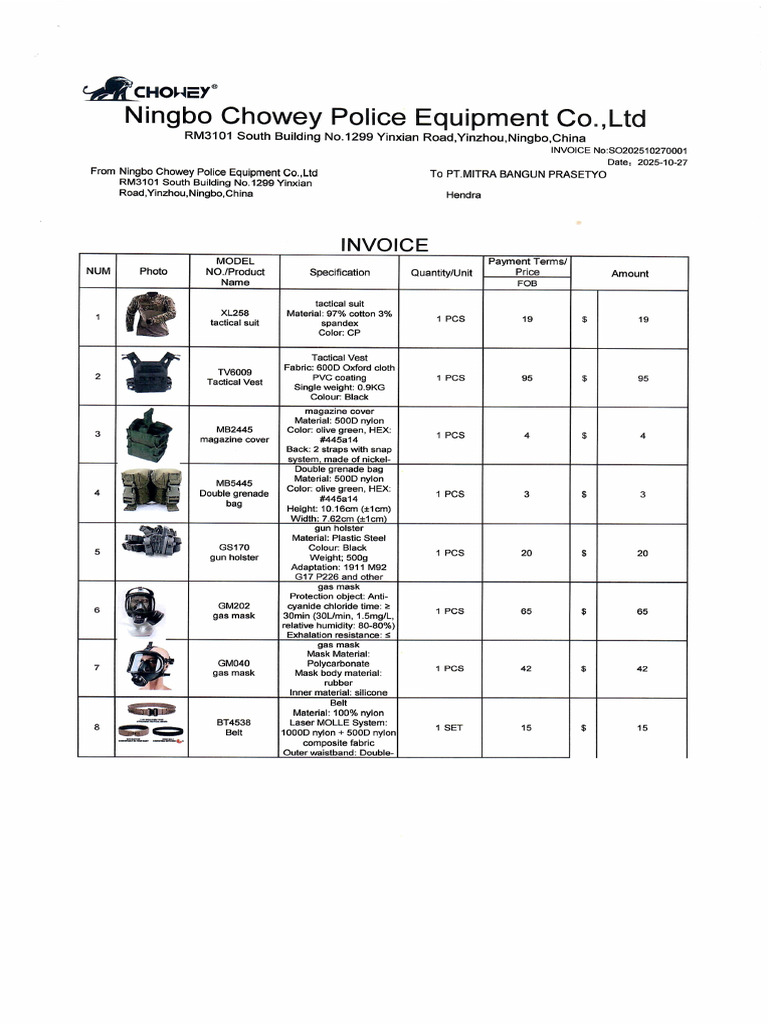 Invoice Ningbo Chowey Police Equipment | PDF