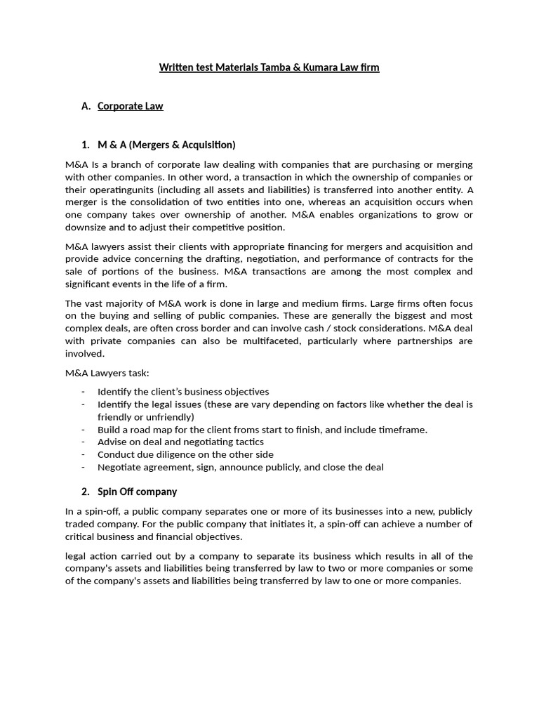 Written test Materials lawfirm | PDF | Mergers And Acquisitions | Joint ...