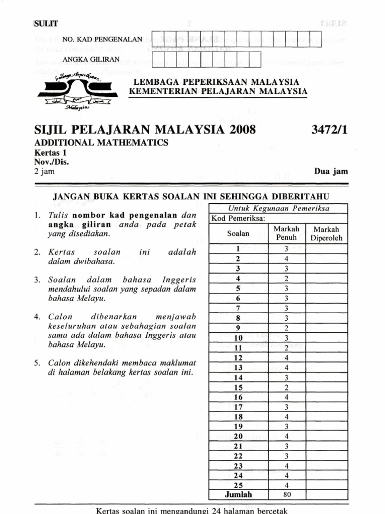 SPM 2008 Additional Mathematics Paper 1 | PDF