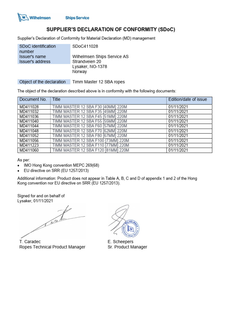 Supplier's Declaration of Conformity for Material Declaration (MD ...