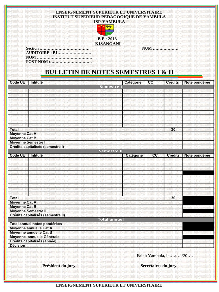 Bulletin de notes ISP-Yambula 2023 | PDF