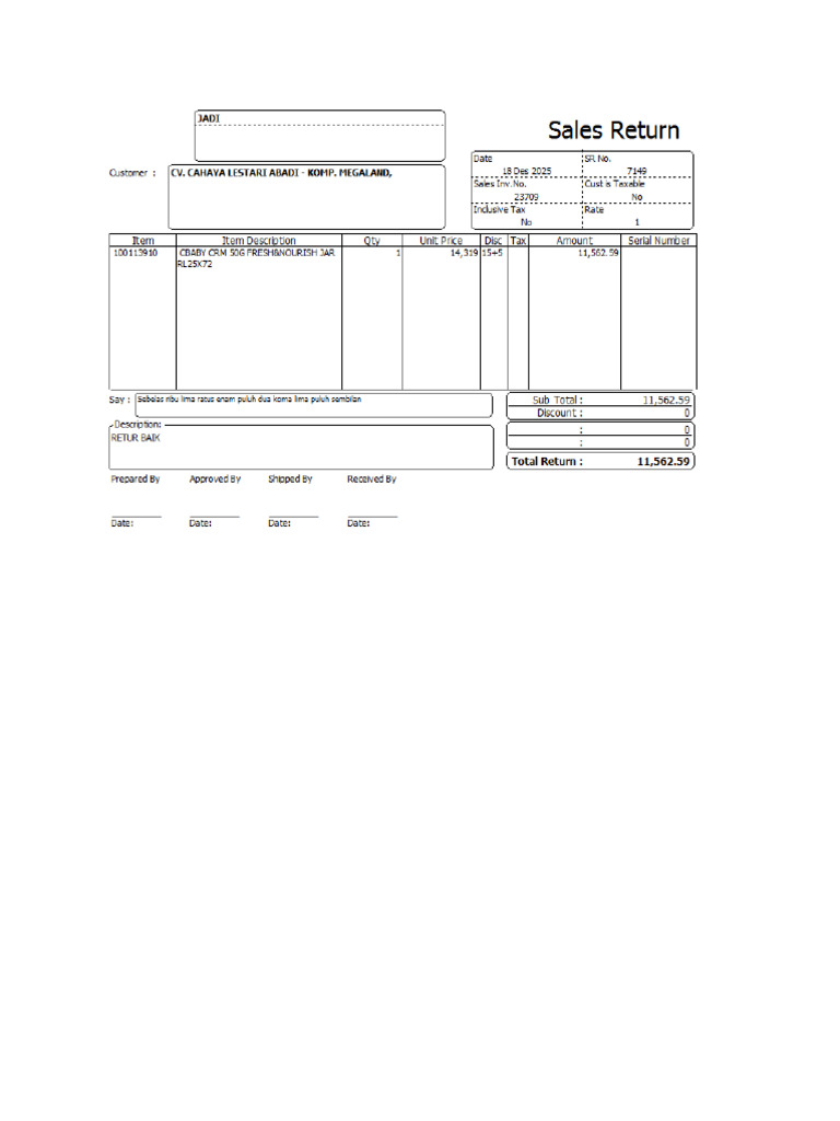 Nota Retur CV Cahaya Lestari Abadi 7149 | PDF