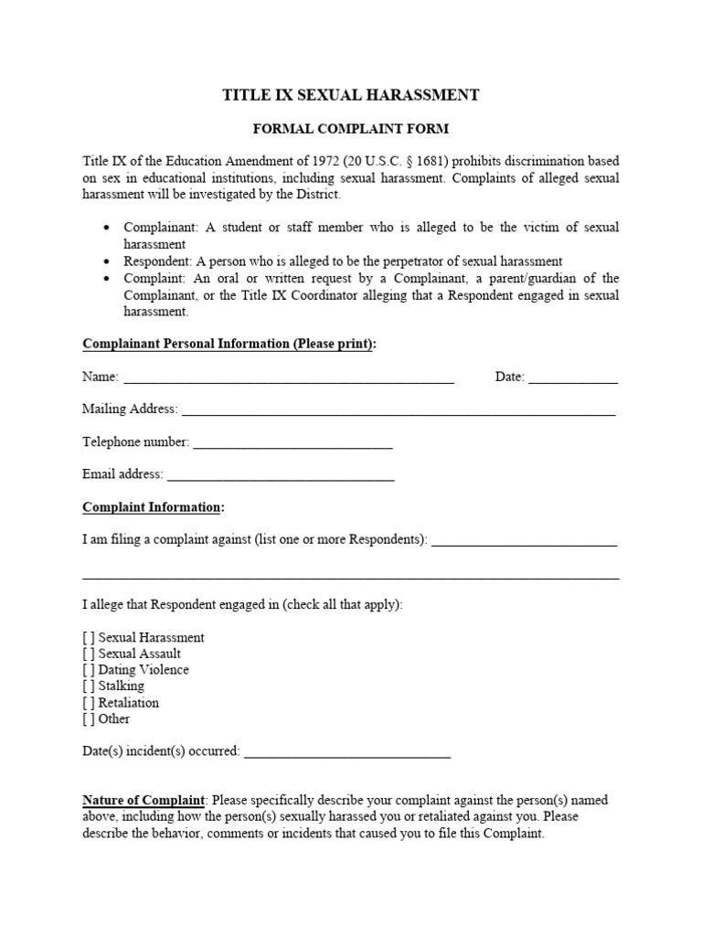Title IX Complaint Form Final | PDF | Title Ix | Sexual Harassment