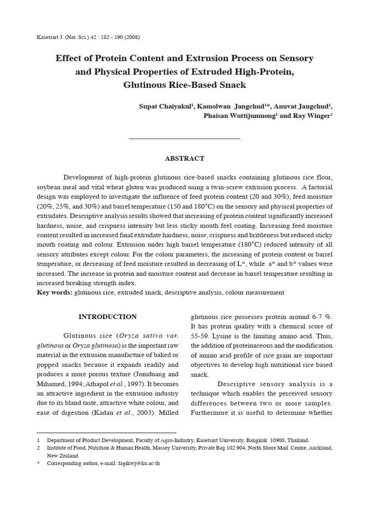 Effect of Protein Content and Extrusion Process on Sensoryand Physical ...