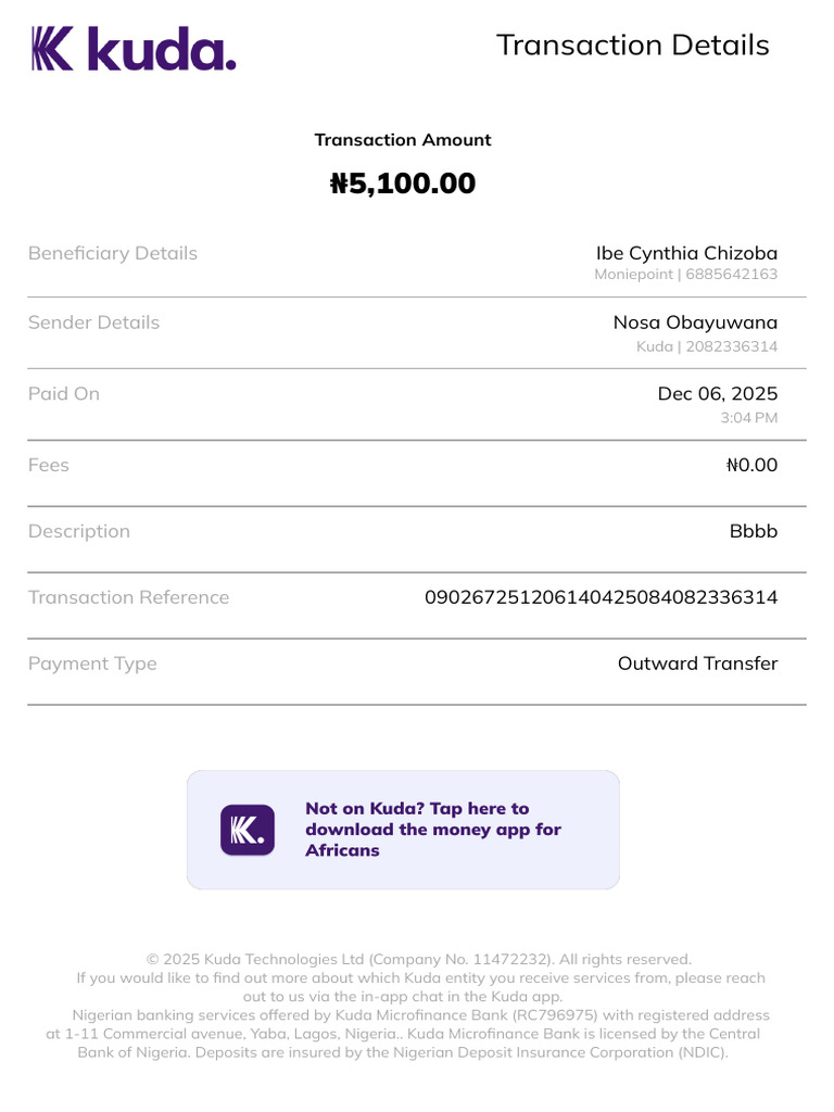 Outward Transfer Receipt: ₦5,100 Transaction | PDF