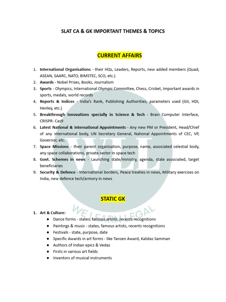 WLL - Slat CA & GK Important Themes & Topics | PDF