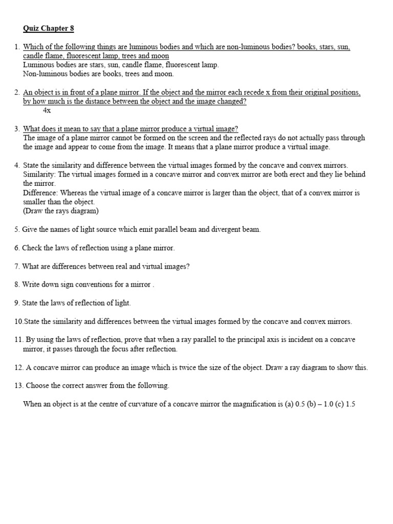 Quiz on Luminous Bodies and Mirrors | PDF
