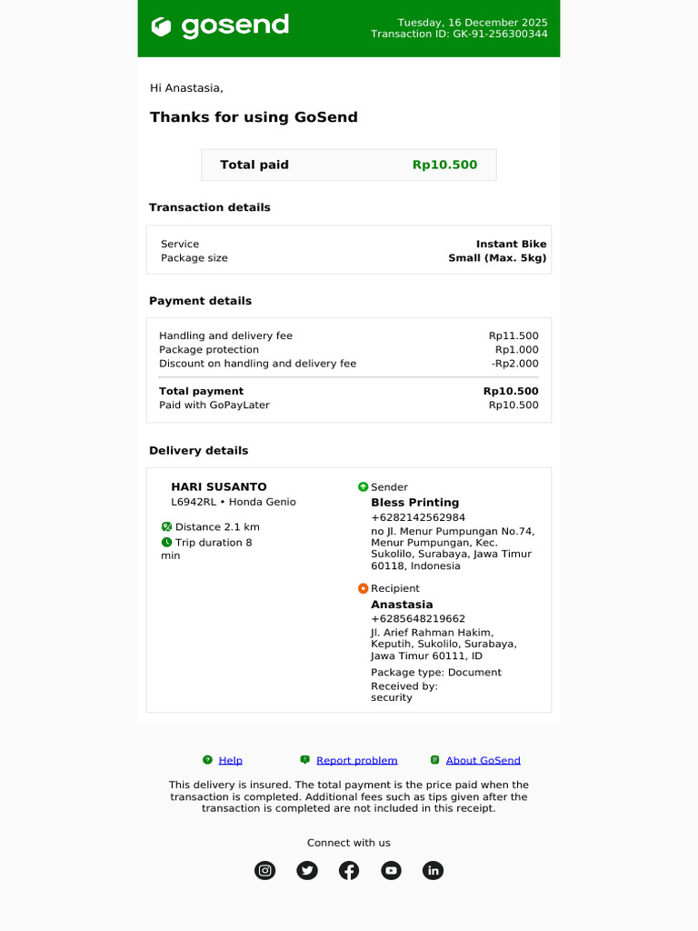 GoSend Delivery Receipt for Anastasia | PDF
