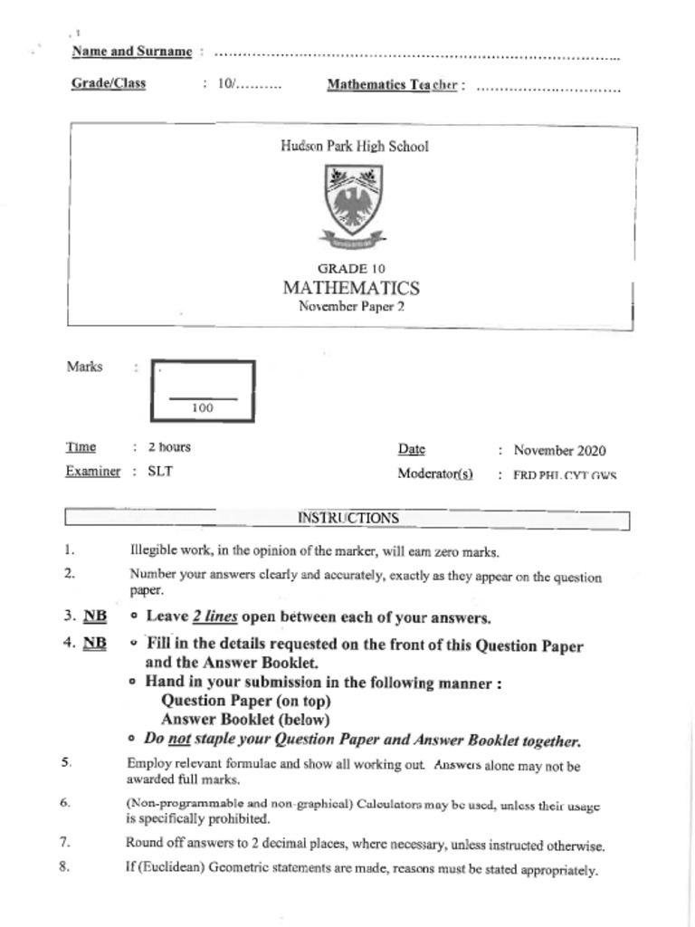 Grade 10 2020 November Maths Paper 2 | PDF