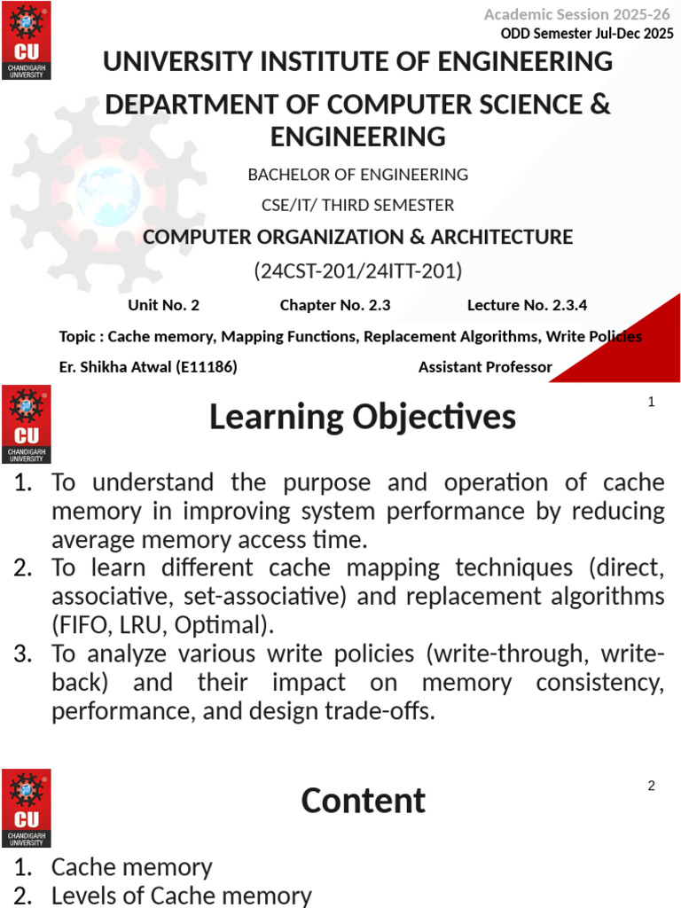 Lecture 2.3.4 (Cache Memory, Mapping Functions, Replacement Algorithms ...