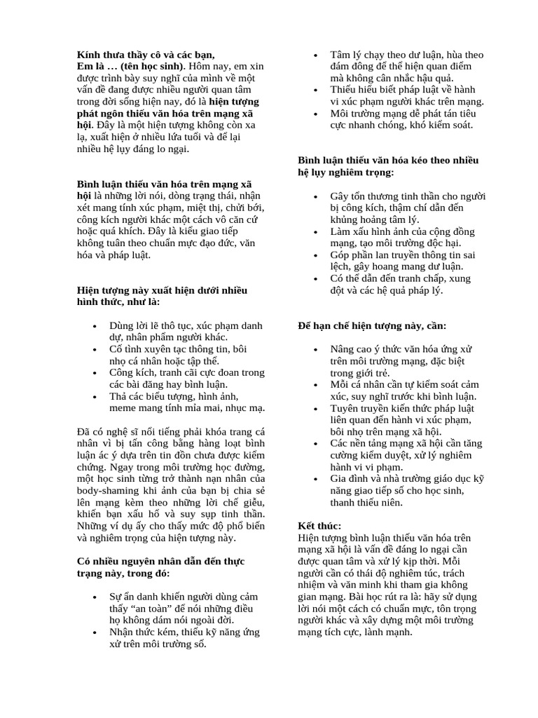 Phát Ngôn Thiếu Văn Hóa Trên Mạng Xã Hội | PDF