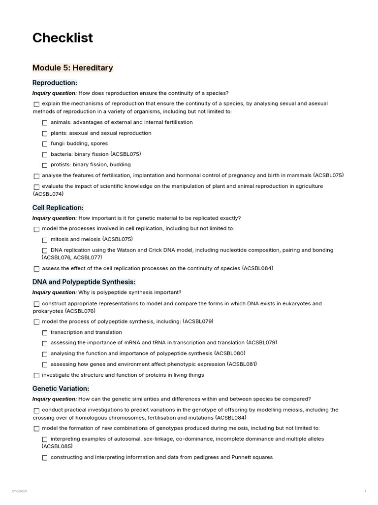 Checklist | PDF | Genetics | Mutation