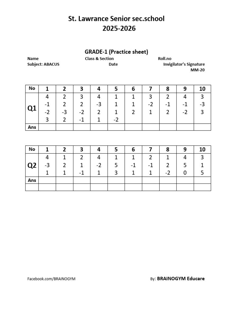 Abacus Practice Sheets for Grades 1-2 | PDF