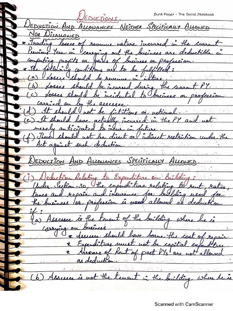 Handwritten Notes on Deductions Under Profit or Gains From a Business ...