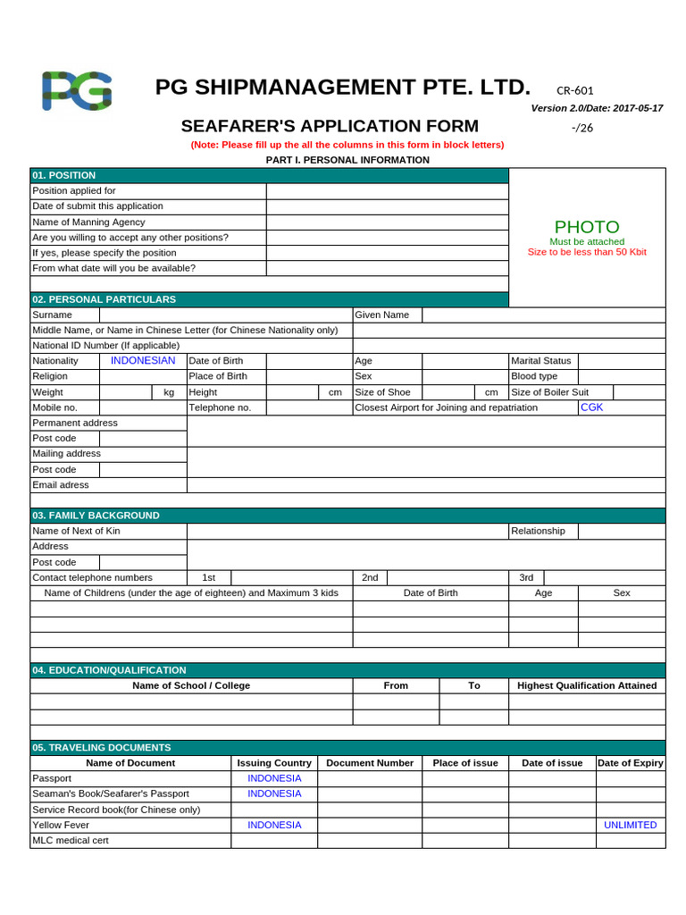 Form CR-601 Seafarer's Application Form PG | PDF