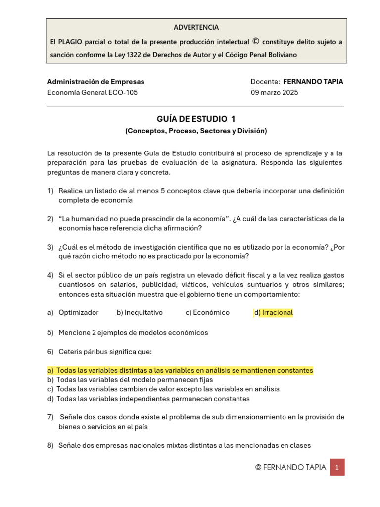 guia 1 economia resuelta | PDF | Ciencias económicas | Mercado (economía)