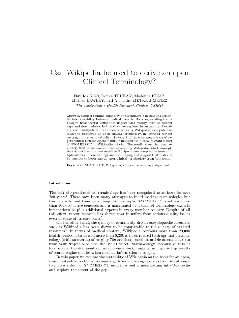 Can Wikipedia Be Used To Derive An Open Clinical Terminology | PDF ...