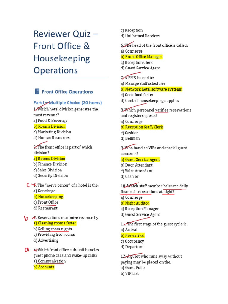 Front Office & Housekeeping Quiz Guide | PDF | Housekeeping