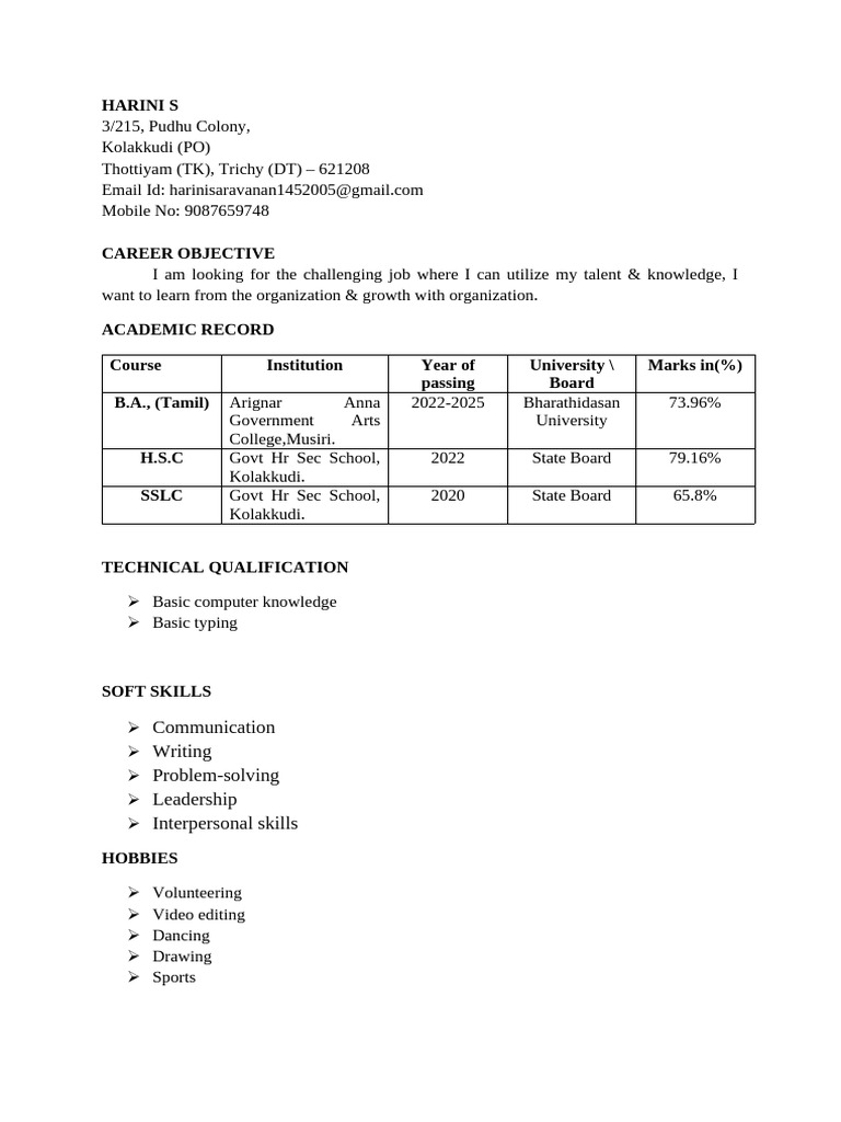 Harini S: Resume and Career Objective | PDF