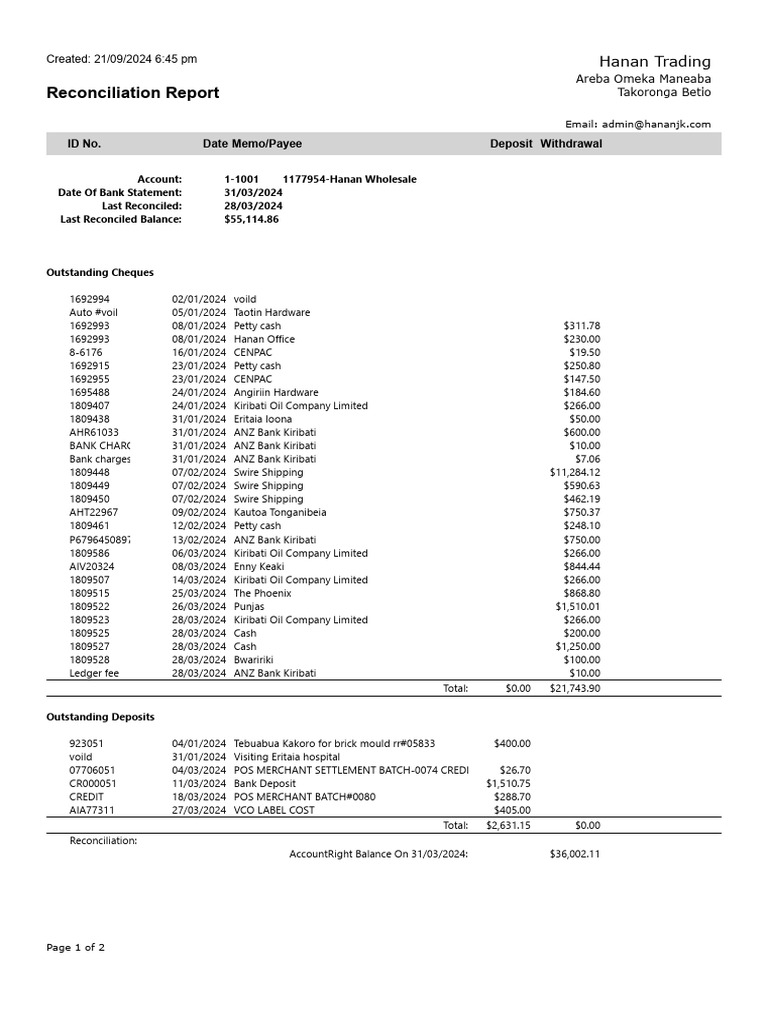 Hanan Trading Reconciliation Report | PDF | Banks | Financial Services