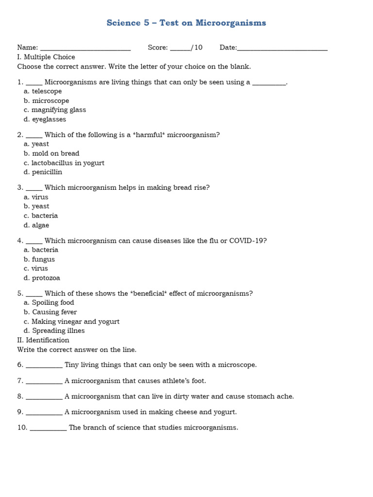 Science 5 Test On Microorganisms | PDF