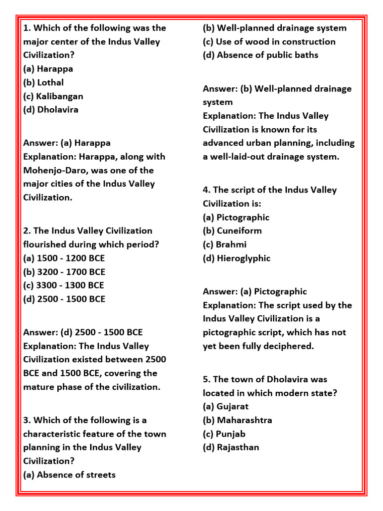 Indus Valley Civilization Quiz Answers | PDF | Vedas | Upanishads
