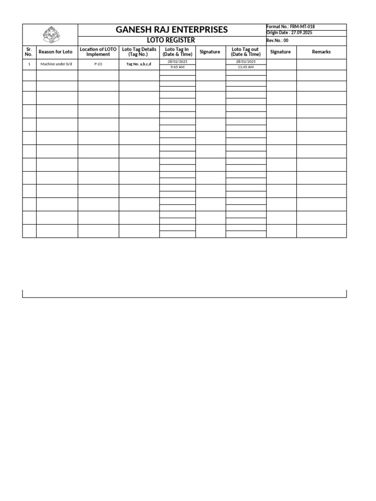 FRM-MT-018 Loto Register | PDF