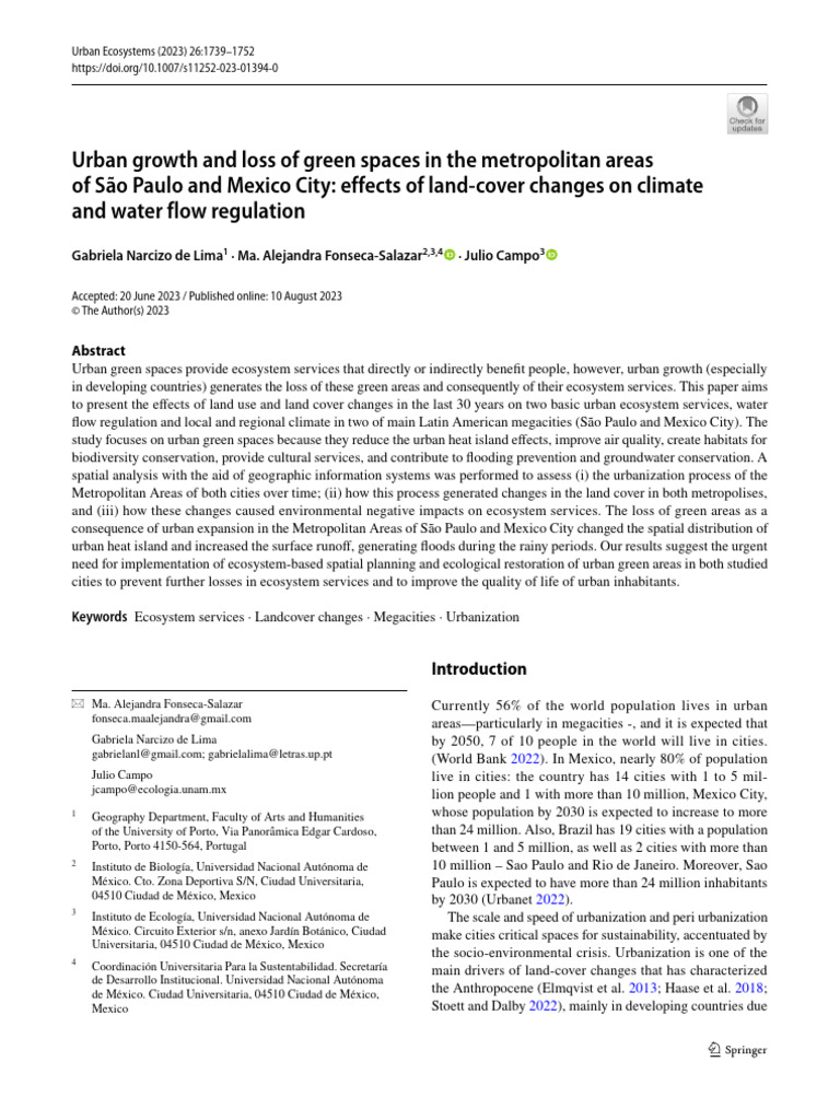 Urban Growth and Loss of Green Spaces in The Metropolitan Areas of Sao ...