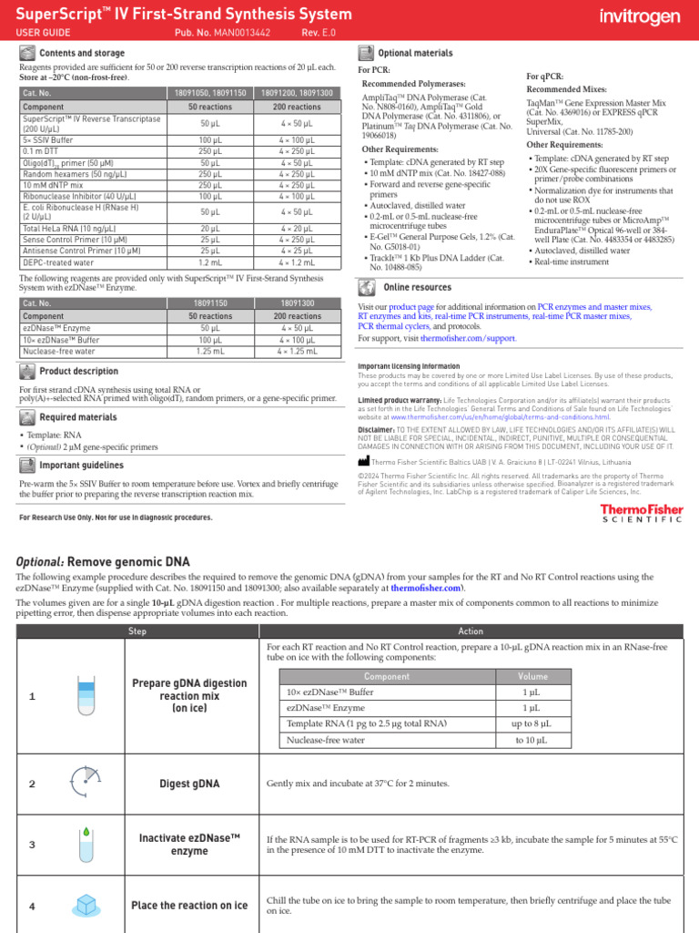 SuperScript IV cDNA Synthesis Guide | PDF | Complementary Dna | Reverse ...