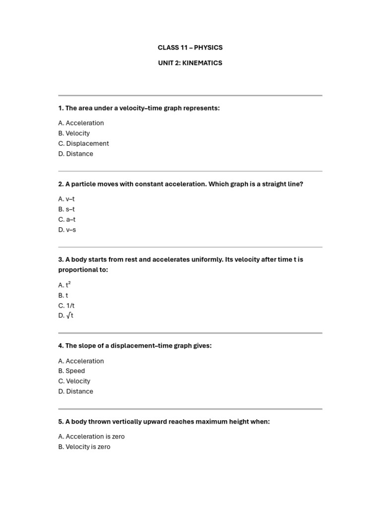 Kinematics Quiz for Class 11 Physics | PDF | Acceleration | Velocity