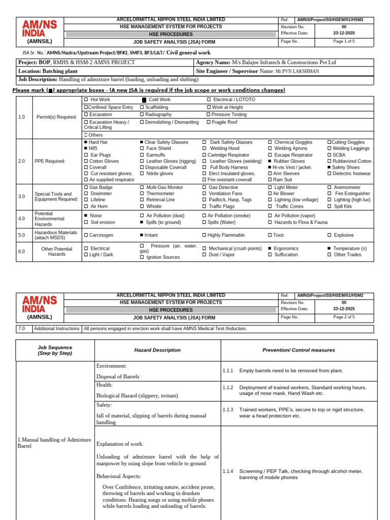 Job Safety Analysis for AMNS Project | PDF | Personal Protective ...