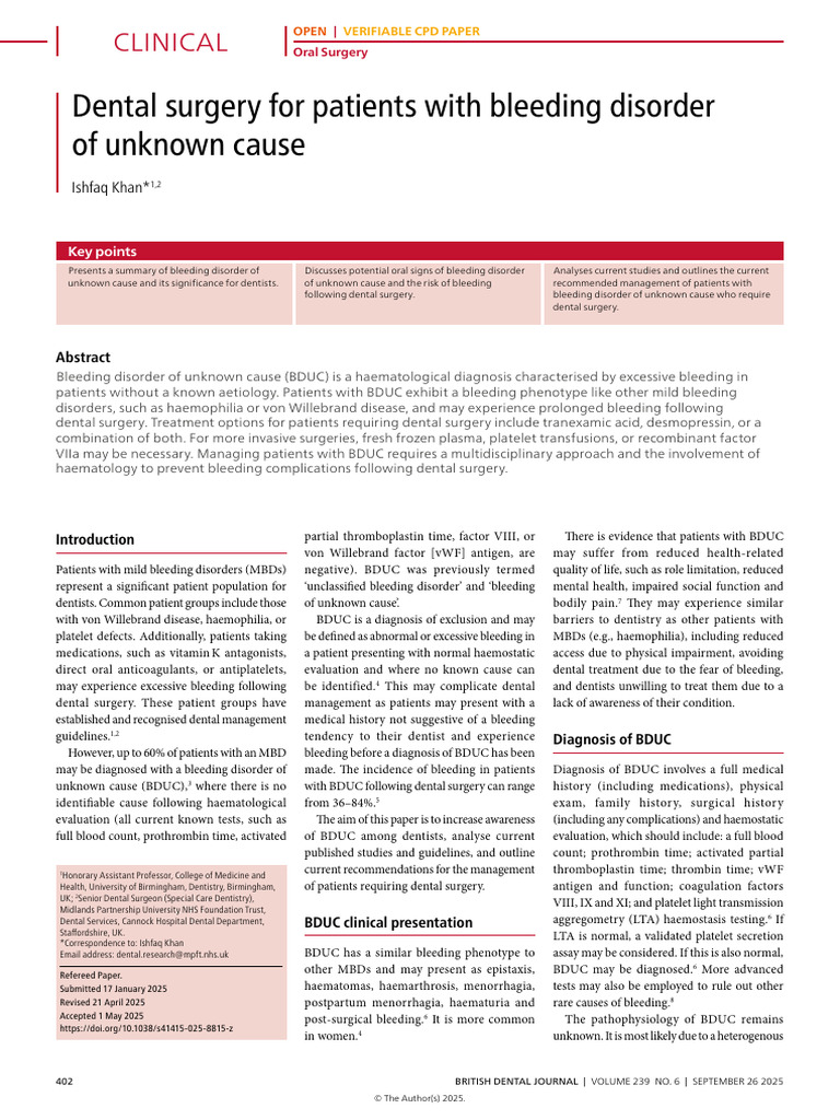 Dental Surgery For Patients With Bleeding Disorder of Unknown Cause ...