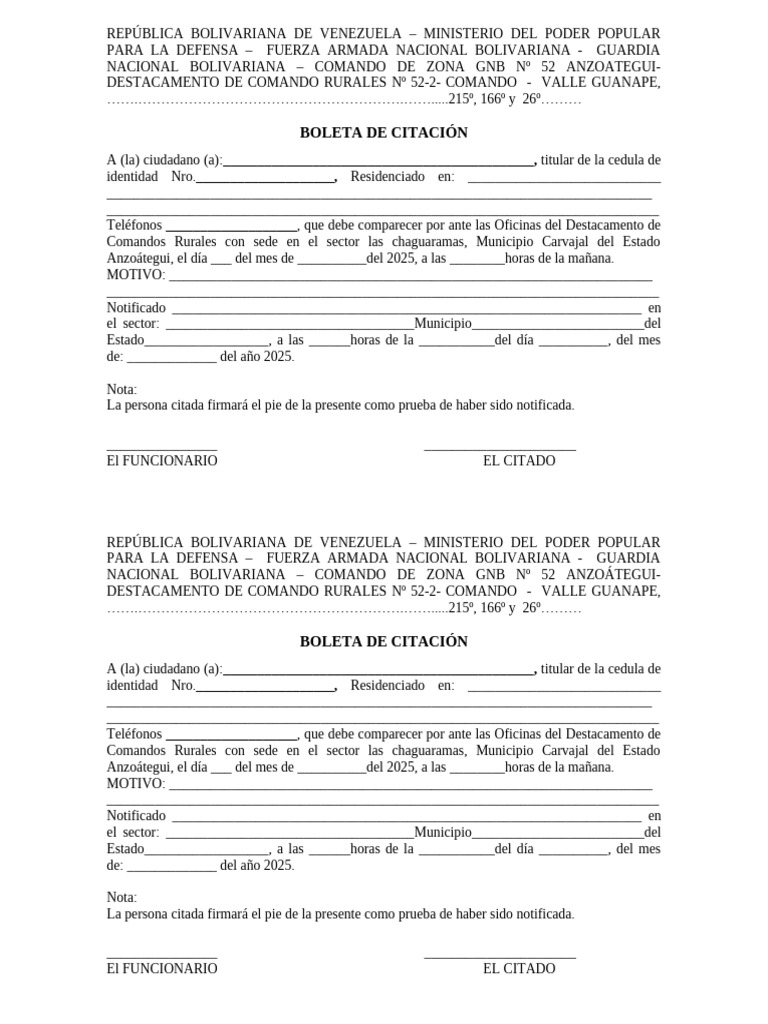 Boleta de Citacion 2025 | PDF | Venezuela | Política de venezuela