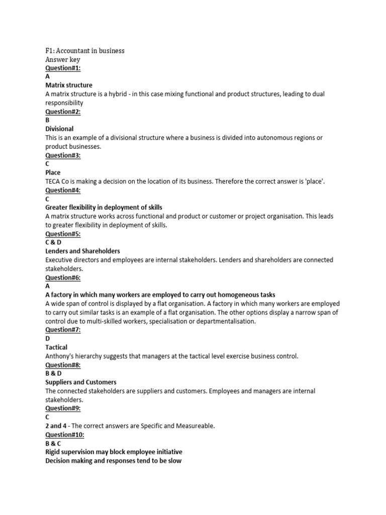 F1 Accountant in Business Answer Key | PDF | Decentralization | Economies
