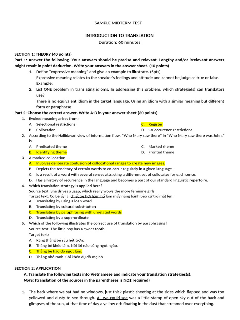 Introduction To Translation Midterm - Sample Test Paper - Chau | PDF